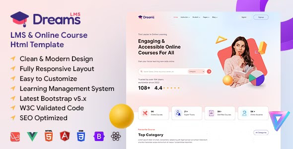 Dreams Lms Lms Online Courses And Education Bootstrap Template Html React Vue Angular Laravel